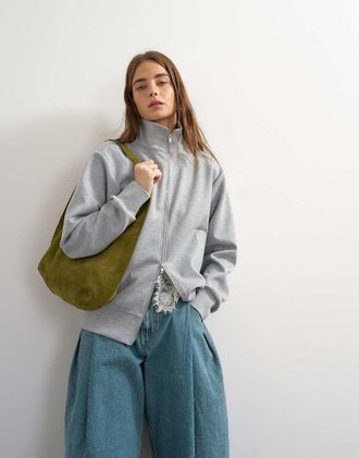 Topshop veste sweat structur&eacute;e &agrave; col montant en gris chin&eacute;