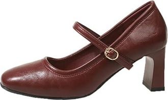 Generic Mary Jane Escarpins &agrave; bout carr&eacute; et sangle &agrave; talon carr&eacute; pour femme, Rouge, 38.5 EU