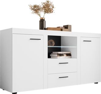 Mirjan24 Kommode Rango mit Glasboden, Highboard Sideboard, Anrichte, Naturt&ouml;ne, Mehrzweckschrank, Wohnzimmerschrank, Anrichte, Schrank (mit Beleuchtung, Wei&szlig;)