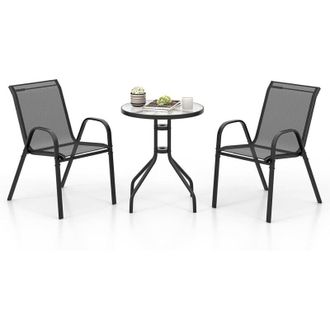 Costway Ensemble de Jardin 3 Pi&egrave;ces, 2 Fauteuils Ergonomiques avec Table Basse en Verre Tremp&eacute;, pour Jardin, Balcon, Terrasse, Cour, Gris