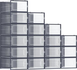Songmics Schuhboxen, 18er Set, Schuh-Organizer aus Kunststoff, faltbar und stapelbar, für Schuhe bis Größe 44, transparent-anthrazitblau LSP18SB30