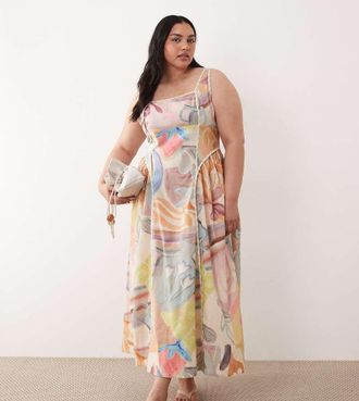 Asos Curve ASOS DESIGN Curve - Gemustertes Midi-Sommerkleid mit eckigem Ausschnitt, geformter Brustpartie und farblich abgesetzter Paspelierung-Mehrfarbig