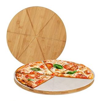 Relaxdays Pizzabrett Bambus 2er Set, runde Pizzateller 33 cm &Oslash;, inkl. Backpapier, Pizza Schneidebrett mit Rillen, Natur