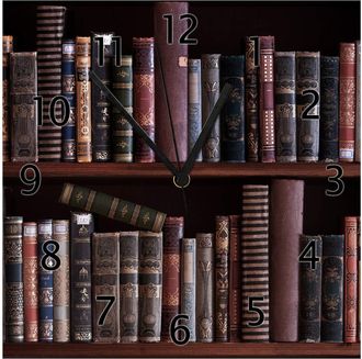 Wallario Design-Wanduhr Bücherregal mit Alten Büchern aus Glas, Motiv-Uhr Größe 30 x 30 cm, Schwarze Zeiger