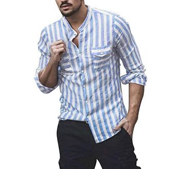 Generic Chemise de plage en lin pour homme - Chemise ray&eacute;e fine en lin - Polo pour homme - Coupe ajust&eacute;e - Manches longues - Col en V - T-shirt graphique pour