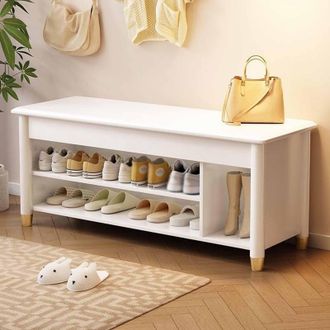 Generic Schuhaufbewahrungsbank Aus Holz - 2-stufige Eingangsbank Aus Massivem Gummibaumholz Mit Verstecktem Fach, 31,4 B(White,100x35x53cm)