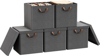 Woltu Faltbare Aufbewahrungsboxen 5 St&uuml;ck, Stoffboxen mit Deckel und Metallrahmen, Aufbewahrungsw&uuml;rfel f&uuml;r Wohnzimmer, Schlafzimmer, Arbeitszimmer, Mehrzwec