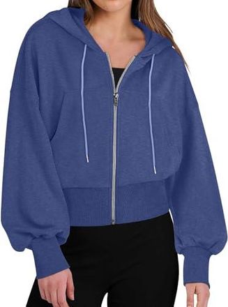 Generic Sweat &agrave; capuche zipp&eacute; pour femme - Veste courte - Fermeture &eacute;clair - Couleur unie - Veste dautomne Y2k - Loisirs - Sport - T-shirt &agrave; manches longues -