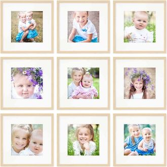 Photolini Bilderrahmen 30x30 Natur Holz MDF, 9er Set Bilderrahmen quadratisch 30x30, Foto Rahmen mit Passepartout zum Aufhängen, Rahmen 30 x 30 mit Acrylglas & 