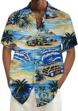 Generic Chemise hawa&iuml;enne d&eacute;t&eacute; pour homme - Motif palmier hawa&iuml;en des Cara&iuml;bes - Chemise amusante &agrave; manches courtes boutonn&eacute;e - Coupe ample - Style cubain - S