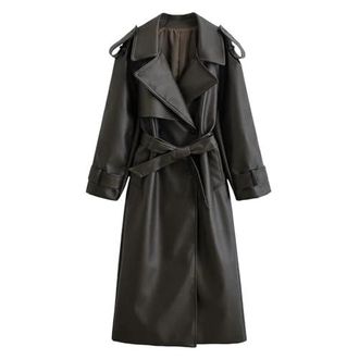 Generic Trench-coat X-long en simili cuir avec ceinture pour femme - Col rabattu Manches longues double boutonnage, caf&eacute;, L