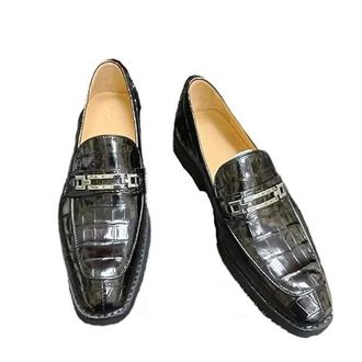 Generic Authentique peau de crocodile exotique hommes daffaires chaussures habill&eacute;es bout carr&eacute; v&eacute;ritable cuir dalligator m&acirc;le &agrave; enfiler mocassins, noir, 39.5