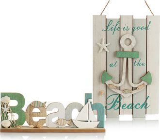 Com-Four 2-teiliges Set maritime Holz-Dekoration - Hängedeko und Tischdeko - Aufsteller und Aufhänger aus Holz - nautische Wohnraumdekoration im Vintage-Stil (