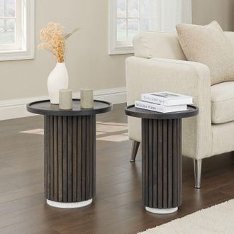 IDIMEX SARDA Couchtischset aus massivem Mangoholz, Braun/Wei&szlig; - Runder Wohnzimmertisch mit Marmorfu&szlig;, Beistelltischset f&uuml;r Elegante Akzente, Kleine Tische im