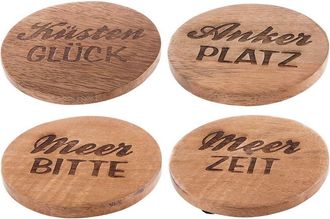 Gilde Holz Untersetzer maritim mit Sruch-Meer Bitte-Ankerplatz-Meerzeit-Küstenglück, D. x H.=10x0,5cm, Mangoholz