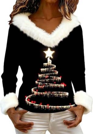 Generic Sweat-shirt de No&euml;l pour femme avec bordure en fausse fourrure et col en V - Haut de No&euml;l amusant - P&egrave;re No&euml;l - Verre &agrave; vin - Pull graphique, M