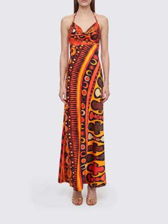 Pucci Robe longue fourreau en m&eacute;lange de soie &agrave; imprim&eacute; ethnique et col am&eacute;ricain