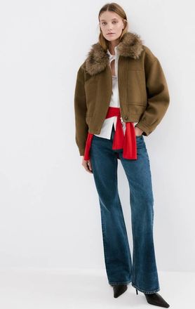 Mango Veste laine m&eacute;lang&eacute;e col en fausse fourrure marron - Femme - XL - MANGO