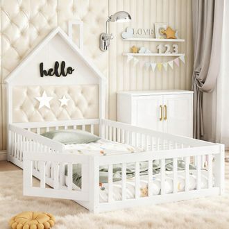 Generic Hausbett 90x200 cm in Weiß | Kinderbett mit Schornstein-Design | Kiefernholz mit Lattenrost | Minimalistischer Stil ohne Matratze (White)