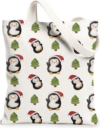 Generic Sacs fourre-tout en toile avec motif pingouin de No&euml;l, adorables sacs d&eacute;picerie r&eacute;utilisables, l&eacute;gers et lavables pour voyage B, blanc, 13x15 Inch