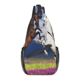 AOOEDM Schwarz mit weißem Pferd Battle Cross Chest Bag Diagonally Sling Rucksack Crossbody Umhängetasche Reisen Wandern Daypacks für Männer Frauen