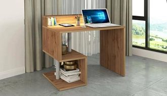 Dmora Schreibtisch Adrien, Linearer Schreibtisch mit Ablagefächern und LED-Leuchten, Mehrzweck-Büroschreibtisch mit Platte, 100x50h93 cm, Eiche