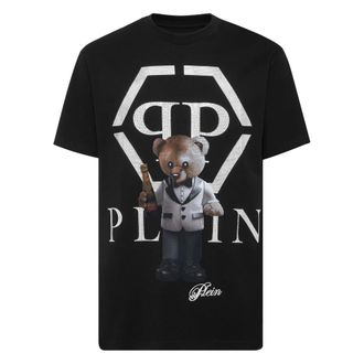 Philipp Plein Besticktes Rundhals-T-Shirt mit Teddyb&auml;r - - Tops - Herren - Schwarzk - M