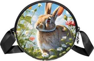 Generic Petit sac &agrave; bandouli&egrave;re circulaire pour femme, motif floral, lapin, sac &agrave; dos &agrave; bandouli&egrave;re avec fermeture &eacute;clair, bretelles r&eacute;glables, sac &agrave; main ron