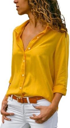 Generic Cadeaux pour Femmes HUIFUAO Chemises Blanches à col en V pour Femmes, Chemises dété de Couleur Unie, Hauts à Manches Longues, Chemisier Basique Noir é