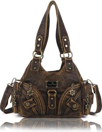 Angel Kiss Petit sac &agrave; bandouli&egrave;re pour femme en cuir v&eacute;g&eacute;talien avec plusieurs poches et fermeture &eacute;clair, marron r&eacute;tro