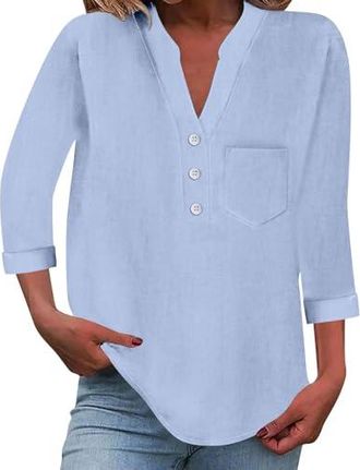 Generic Chemise basique unie à manches longues pour femme - Haut ample à boutons - Couleur unie - Col à manches longues - Chemise décontractée pour femme - Vê