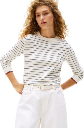 Tommy Hilfiger Damen Pullover Jersey Fine mit Rundhalsausschnitt, Mehrfarbig (Ivory Silk/Dark Night Navy Fine STP), XXS