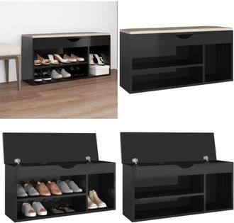 vidaXL Banc à chaussures coussin Noir brillant Bois dingénierie - Banc Chaussure - Meuble Entrée - Rangement Chaussures - Banc Avec Coussin - Organiseur