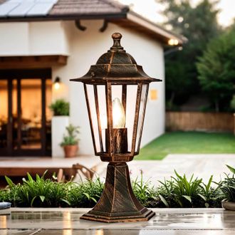 Licht-Erlebnisse Sockellampe Rustikal H: 40 cm Aluminium Glas E27 IP43 in Kupfer Schwarz Antik kleine Wegeleuchte aussen Gartenleuchte Au&szlig;enleuchte