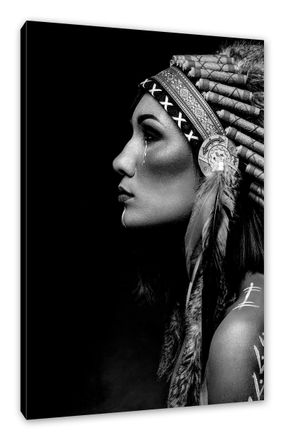 Pixxprint Frau mit Buntem indianischen Kopfschmuck, Monochrome, Gr&ouml;&szlig;e: 60x40cm, Leinwandbild, fertig gespannt, Wandbild, Dekoration, Kunstdruck, kein Poster