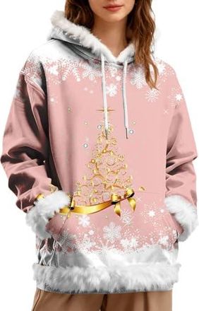 Generic Pull de Noël pour femme, grande taille, imprimé arbre de Noël pailleté, sweatshirts à capuche pour lhiver, hauts de Noël pelucheux à manches longues, 