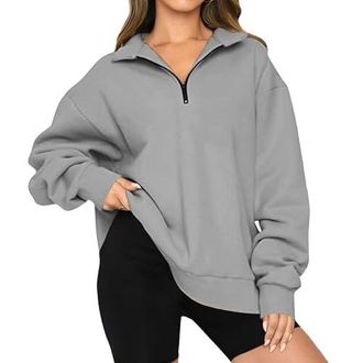 Generic Sweat Shirt Femme Tendance, Coupe Oversize, Demi Zip, Polaire, Pull Confortable, &eacute;paules Tombantes, Gris, Taille XXL