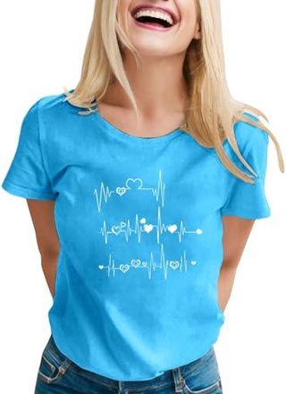 Generic T-shirt &agrave; manches courtes et col rond pour femme 2026, bleu ciel, S