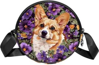 Generic Sac &agrave; bandouli&egrave;re Circle pour femme, motif floral Corgi, violet, petit sac &agrave; bandouli&egrave;re avec fermeture &eacute;clair, bretelles r&eacute;glables, sac &agrave; main rond d