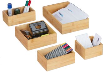 Relaxdays Ordnungsboxen 5er Set, Schubladen Ordnungssystem Bambus, Organizer Küche, Bad & Büro, versch. Größen, Natur