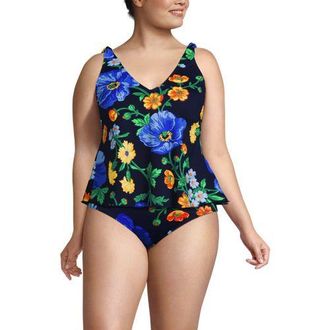 Lands End Tankini-Top mit geknoteten Tr&auml;gern und Flattersaum, Damen, Gr&ouml;&szlig;e:50 plus, Blau, Elasthan/Nylon-Mischung, by Lands End