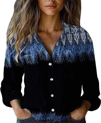 Generic Chemisier femme manches longues col en V boutonn&eacute; chemisier &agrave; manches longues imprim&eacute; tendance t-shirt &agrave; manches longues l&eacute;ger et a&eacute;r&eacute; chemise d&eacute;t&eacute; ch