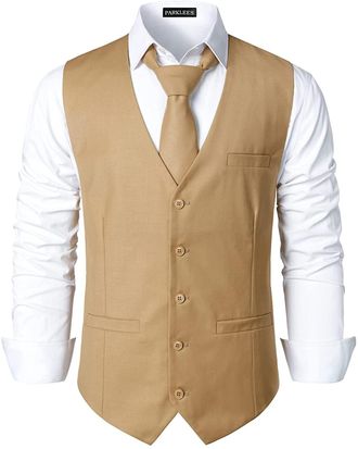 PARKLEES Herren Hipster Urban Design Business formelle Weste Slim Fit Anzug Smoking Kleid Weste, khaki, XXL