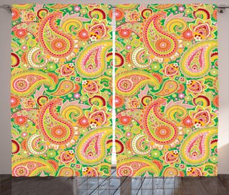 Abakuhaus Paisley Rustikaler Gardine, Bunte Weinlese, Schlafzimmer Kräuselband Vorhang mit Schlaufen und Haken, 280 x 245 cm, Gelb Grün