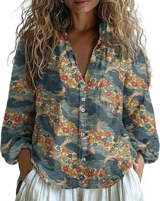 Generico Chemise Femme d&Eacute;t&eacute; Curvy &agrave; Manches Longues Chemisier en Lin Coton &Eacute;l&eacute;gant Grande Taille Blouse Col en V L&eacute;ger T Shirt Vintage Imprim&eacute; avec Boutons Dou