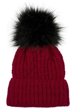 styleBREAKER Unisex warme Strick Bommelmütze mit Flecht Muster und Fleece Futter, Winter Fellbommel Mütze 04024171, Farbe:Bordeaux-Rot