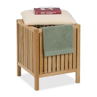 Relaxdays W&auml;schekorb mit Sitz, Badhocker mit Stauraum, 30 l W&auml;schesammler, HBT: 51 x 38 x 38 cm, Holz/Stoff, Natur/wei&szlig;
