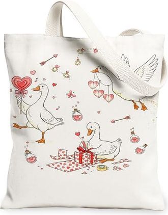 Generic Sacs fourre-tout r&eacute;utilisables en toile avec motif doiseaux mignons pour la Saint-Valentin, l&eacute;gers et lavables, blanc, 13x15 Inch