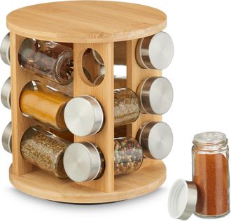 Relaxdays Gewürzkarussell, 12 Gewürzgläser, 360° drehbarer Gewürzständer, HxD 21 x 21 cm, Bambus, Gewürzregal, natur