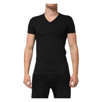 Dolce & Gabbana Schwarzes Baumwoll-Tattered Logo V-Ausschnitt Herren T-Shirt - - Tops - Herren - Schwarzk - XS